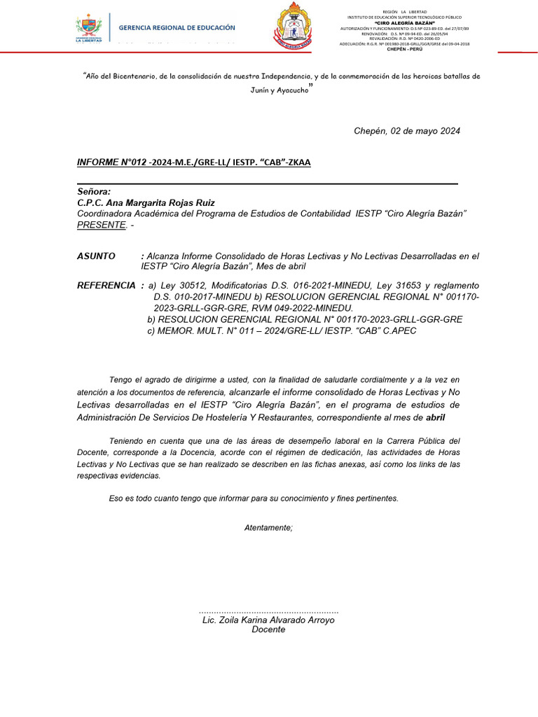 Informe De Actividades Mde Horas Lectivas Y No Lectivas Pdf