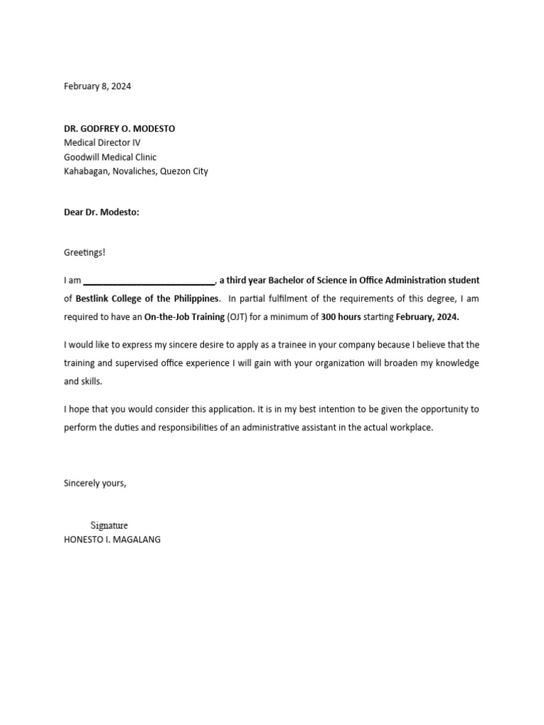 Bsoa-Ojt-Letter of Intent (Sample) | PDF