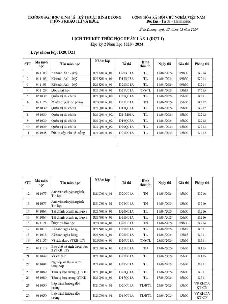 Bản sao của LICH THI L1 - HK232 - D20,21 | PDF