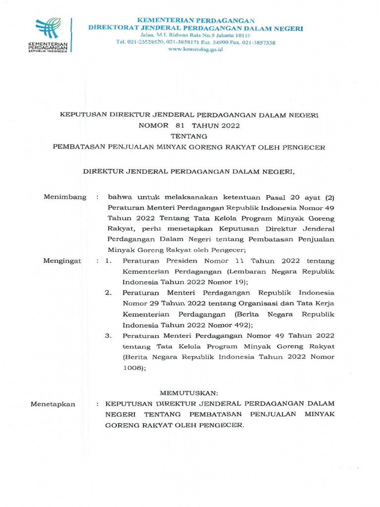 KEPDIRJEN PDN 81 TAHUN 2022 - Pembatasan Penjualan Migor | PDF
