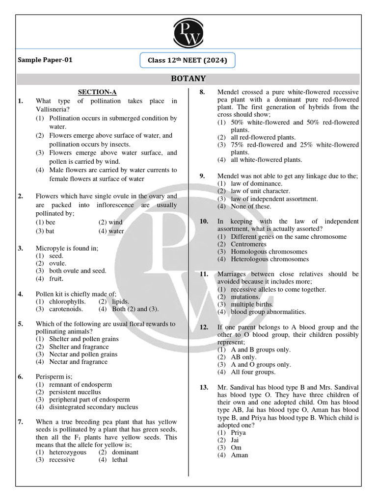 Sample Paper 01 Class 12th NEET 2024 Botany Vijay Gupta Questions 2 | PDF | Gene | Dna