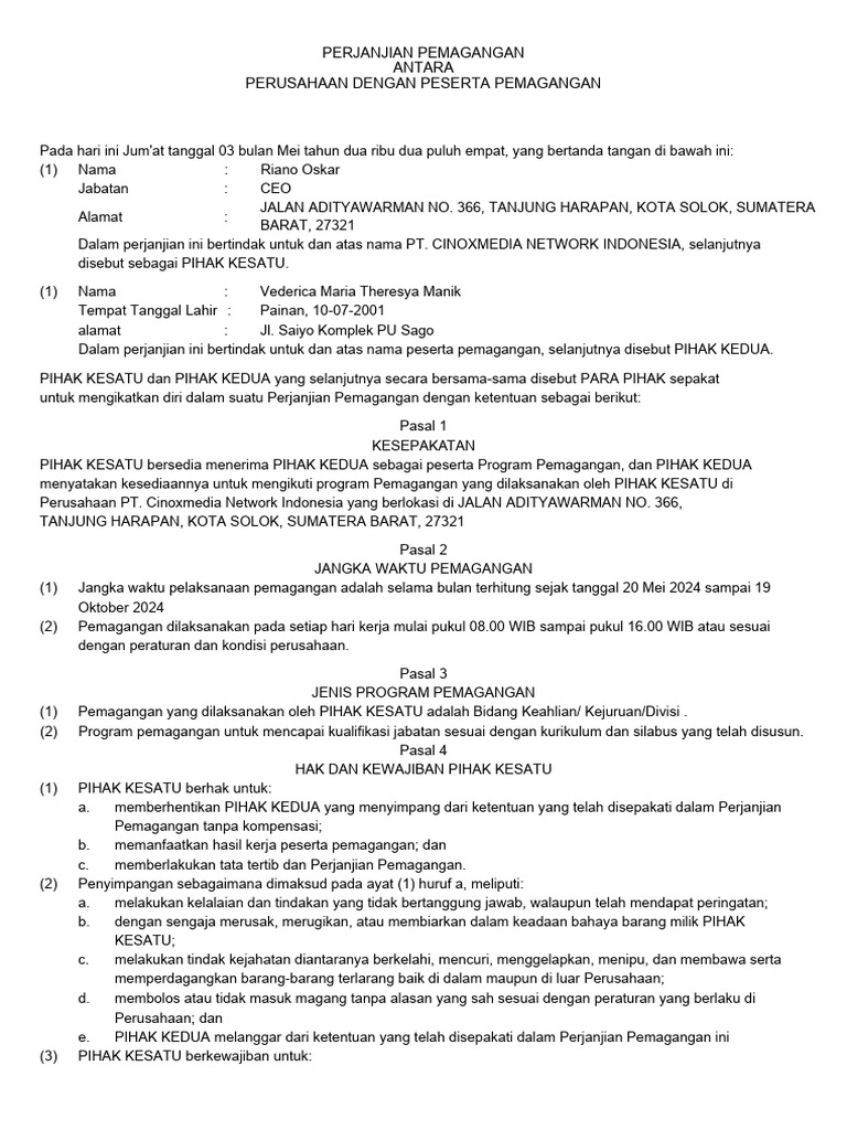 Surat Perjanjian Pemagangan | PDF