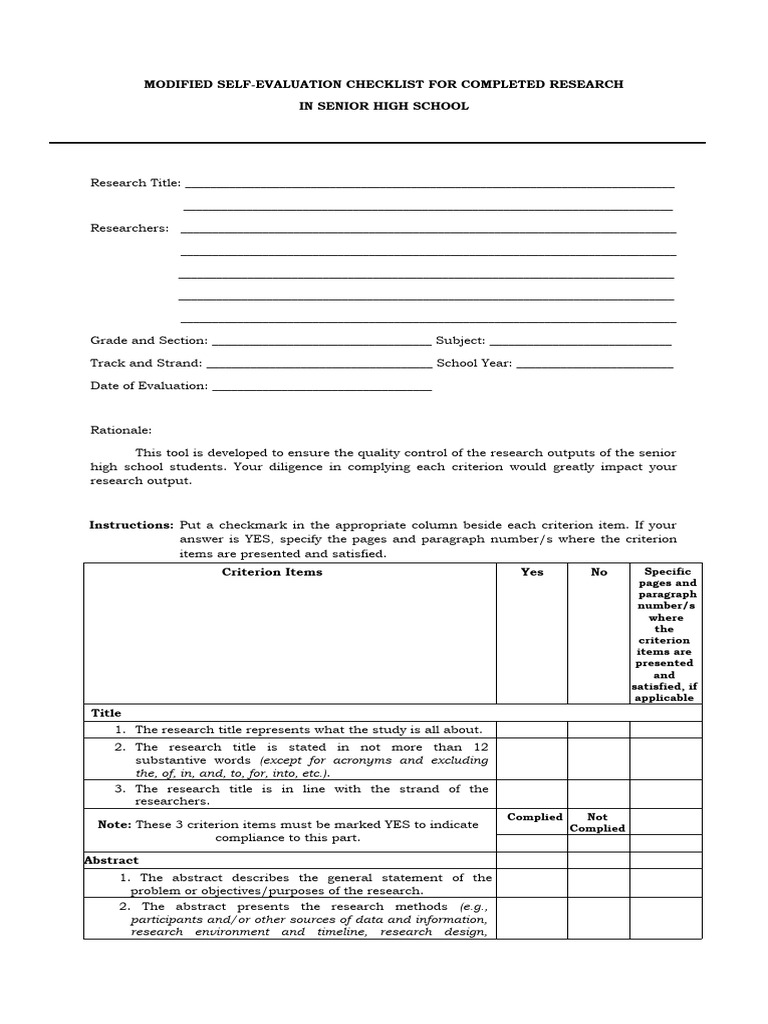 Modified Self Evaluation Checklist For Completed Research | PDF | Statistics | Methodology