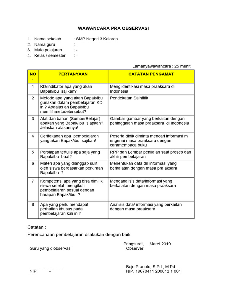 Wawancara Pra Observasi | PDF | Karier & Perkembangan