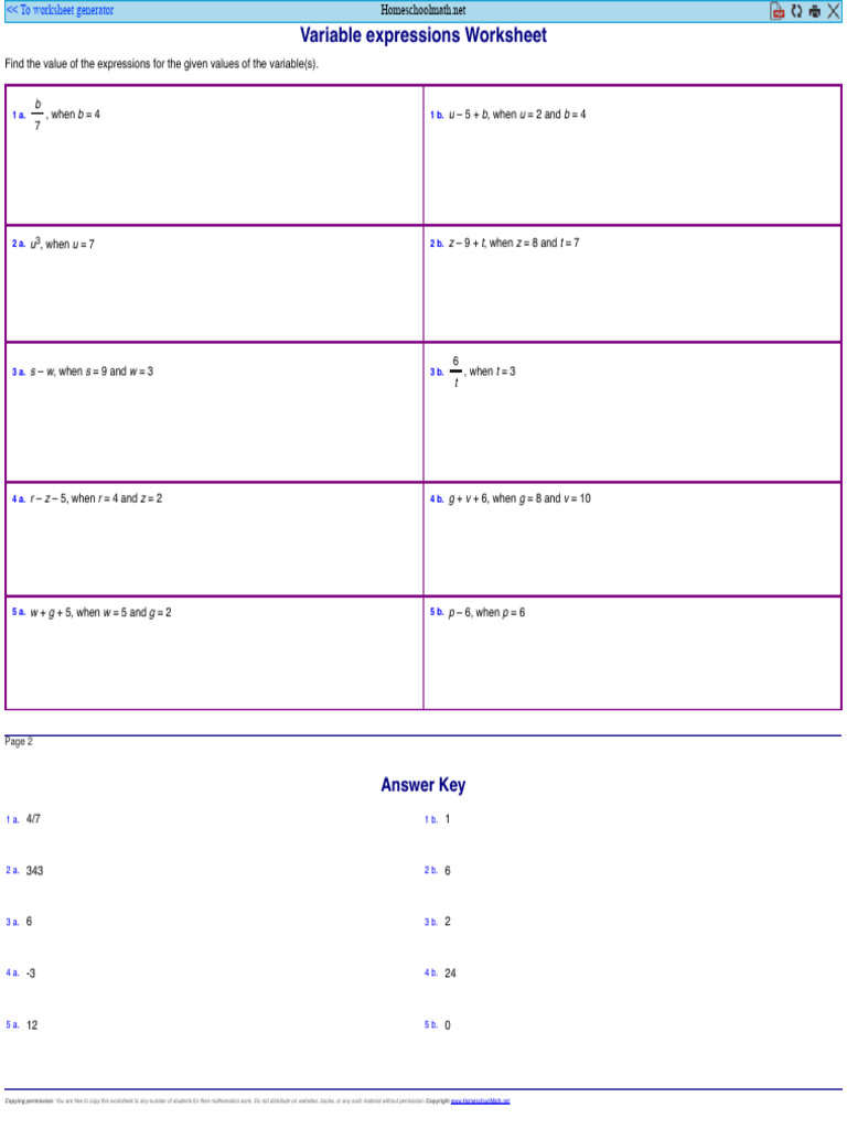 Evaluate Expressions Worksheet 2 | PDF