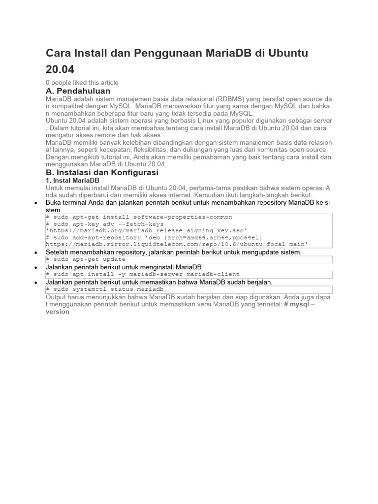 Cara Install Dan Penggunaan MariaDB Di Ubuntu 20 | PDF