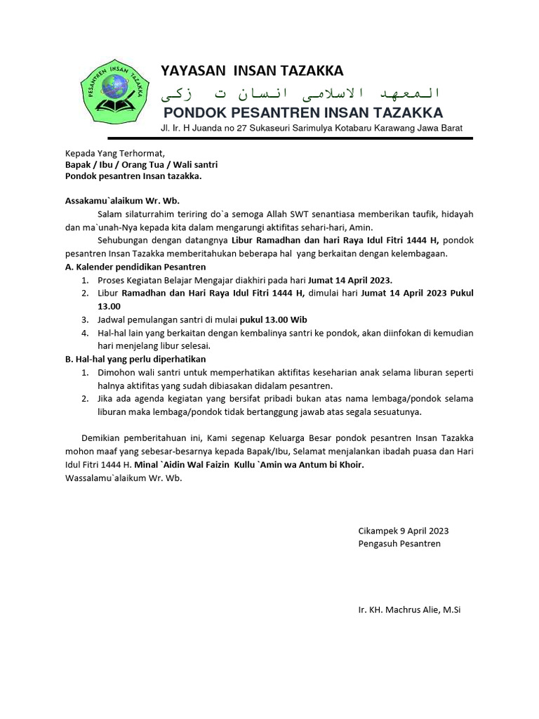 Surat Perpulangan Santri | PDF Surat Perpulangan Santri | PDF