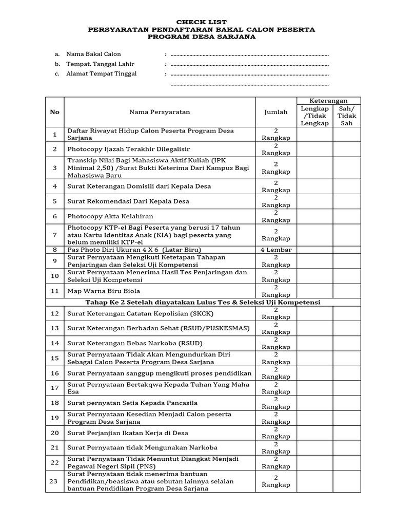Form Ceklis Surat Pernyataan PDS | PDF