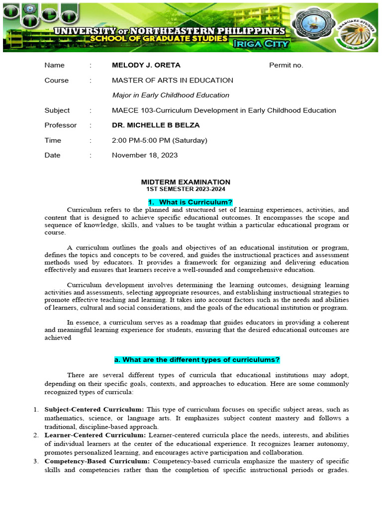 Melody J. Oreta Maece 103 Midterm Exam | PDF | Curriculum | Learning