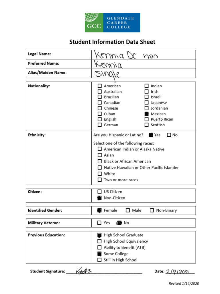 Student Information Data Sheet Template | PDF