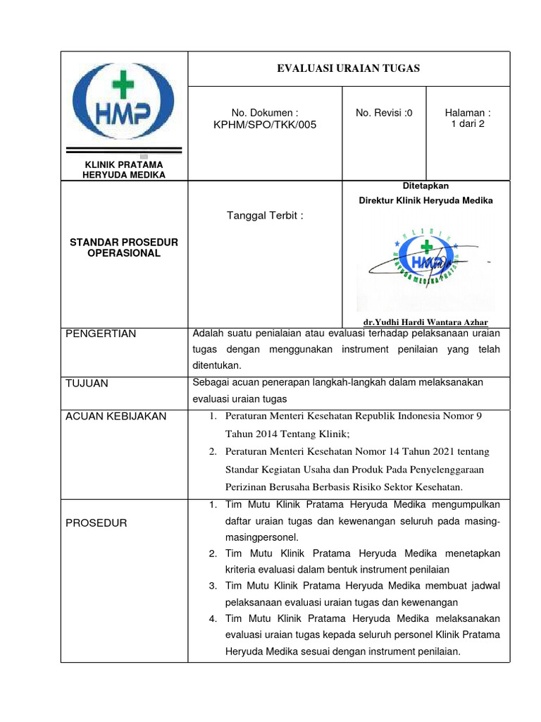 Sop Evaluasi Uraian Tugas | PDF | Kesehatan Holistik | Sains & Matematika