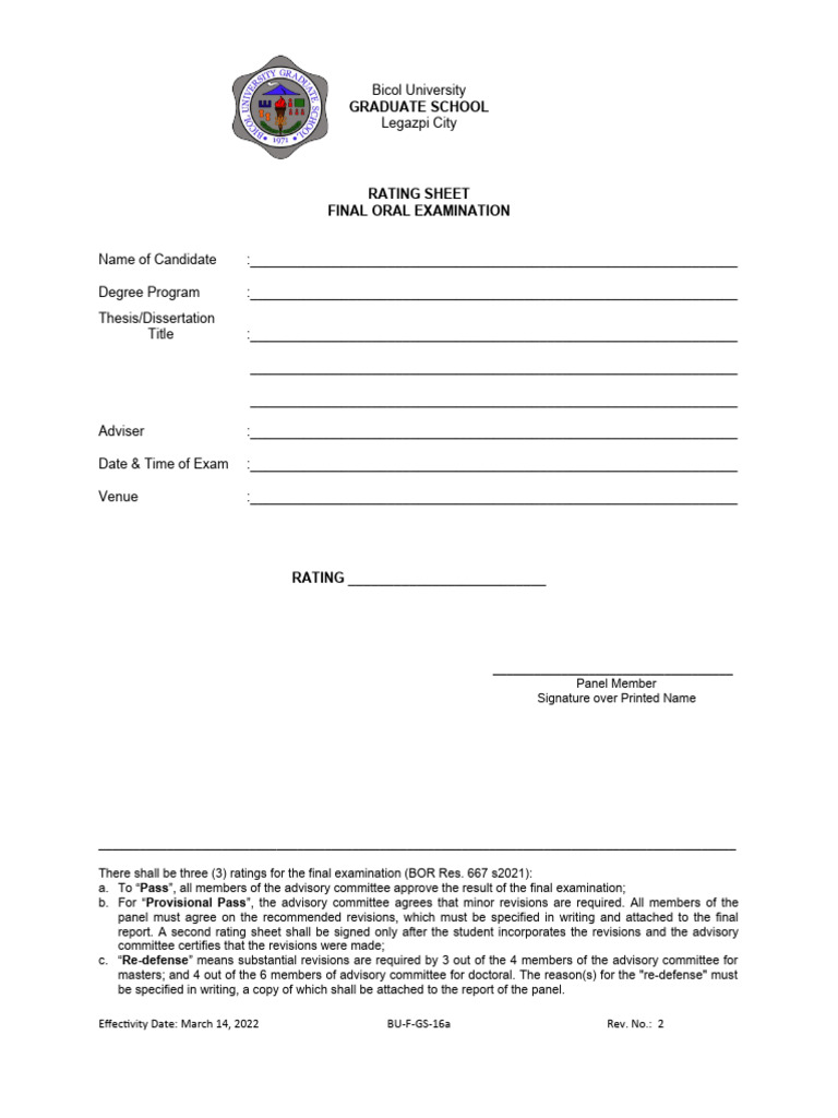 BU F GS 16a Rating Sheet Rev2 | PDF | Thesis | Qualifications
