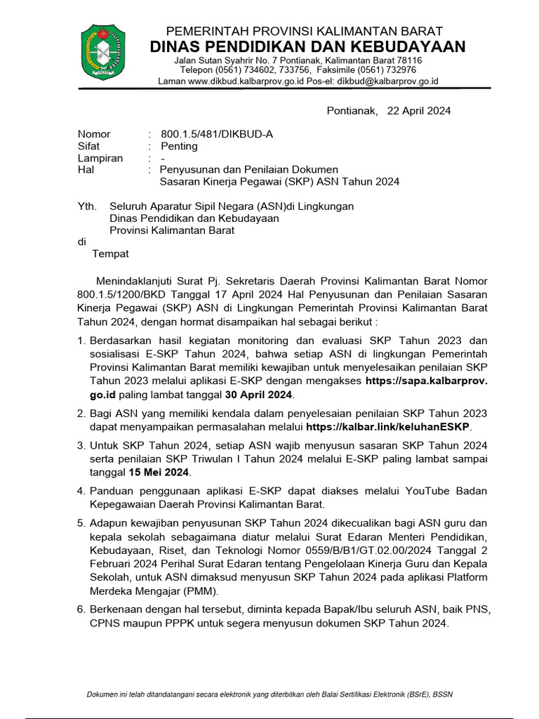 Surat Penyusunan SKP Tahun 2024 | PDF