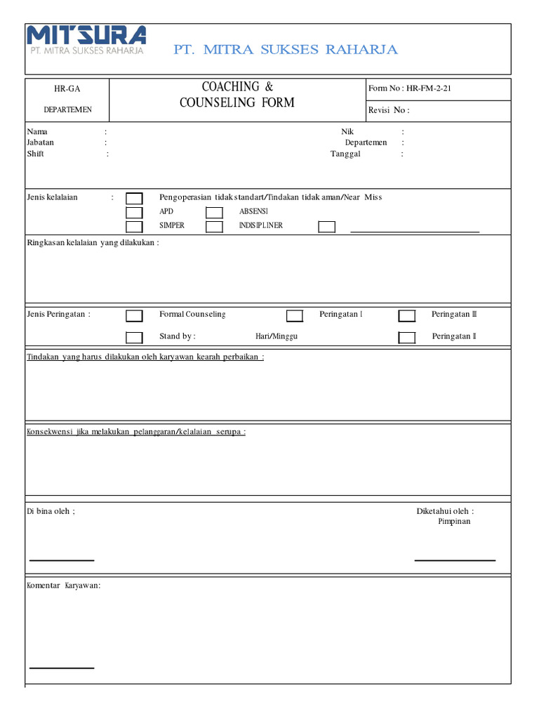Counseling & Coaching Form PT. MITSURA | PDF
