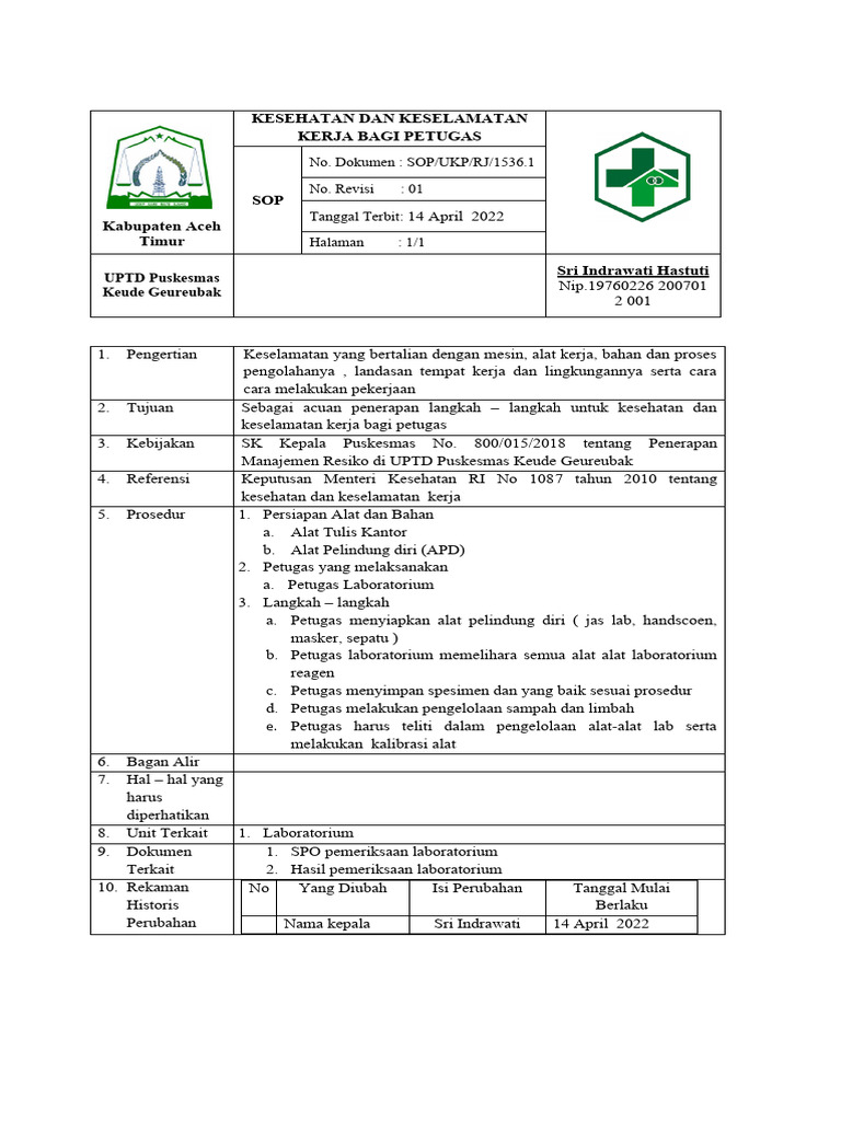 KRITERIA 8.1.2 EP 7 SOP Kesehatan Dan Keselamatan Kerja Bagi Petugas | PDF
