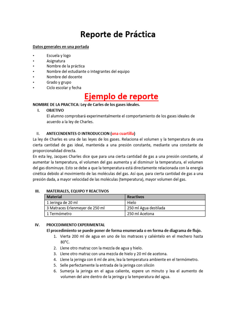 EJEMPLO de Reporte de Practica - Datos Generales 2024 | PDF | Gases ...