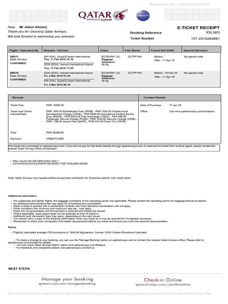 Qatar Airways E-Ticket Receipt | PDF | Payments | Aviation