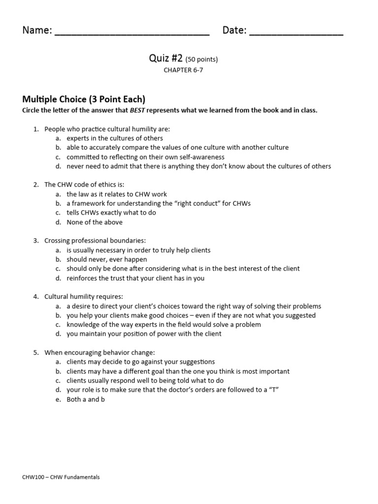 CHW 100 - Quiz - 2 - Revised | PDF | Expert | Cognition