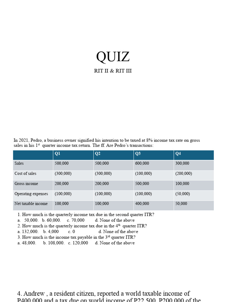 Taxation Quiz: Income Tax Calculations | PDF | Tax Deduction | Income Tax