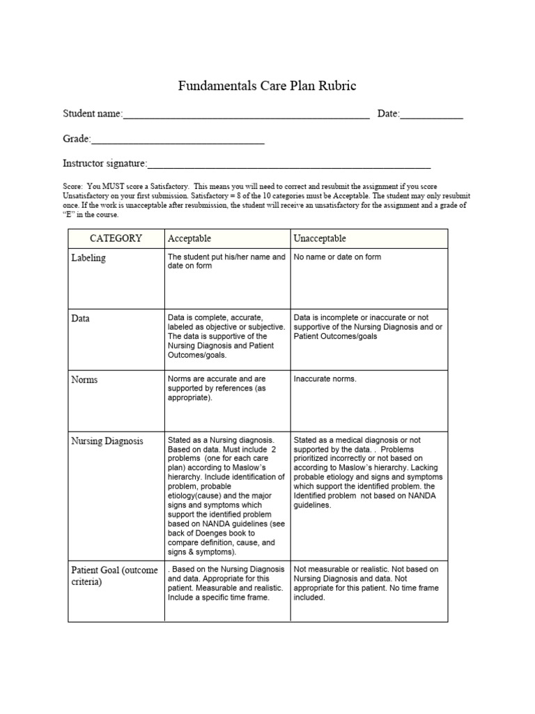 Care Pan Rubric - Fundamentals | PDF | Nursing | Medical Diagnosis