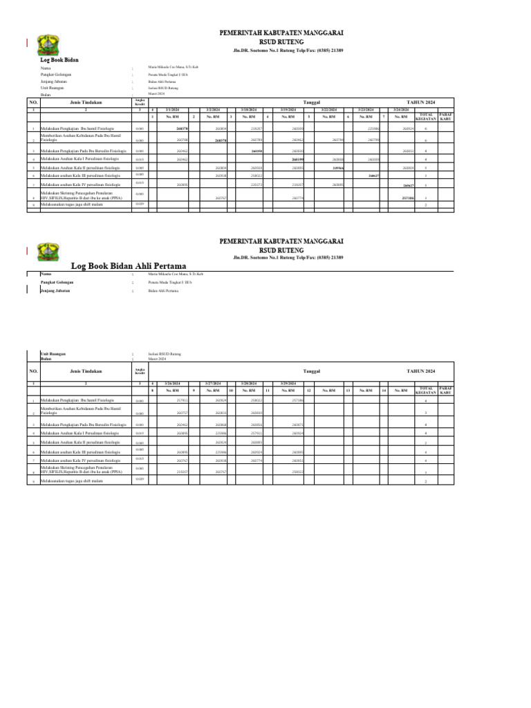 Log Book Bidan Milka Maret 2024 | PDF