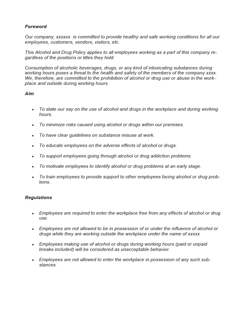 Alcohol and Drug Abuse Policy Template | PDF | Substance Abuse ...