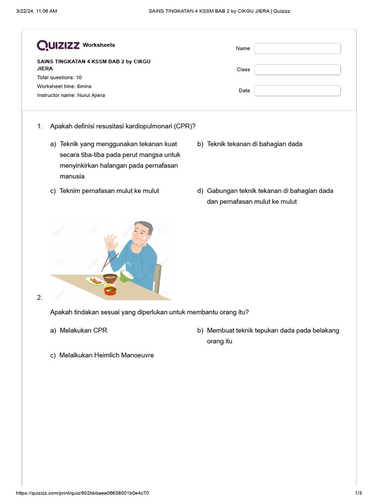 Kuiz Sains Tingkatan 4: Bab 2 CPR | PDF