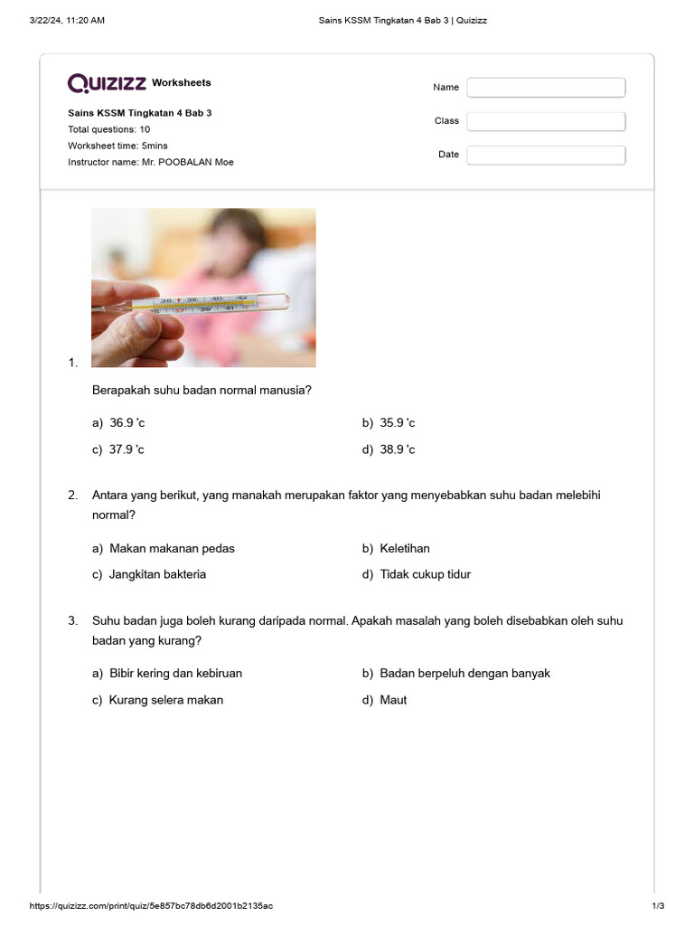 Sains KSSM Tingkatan 4 Bab 3 - Quizizz | PDF