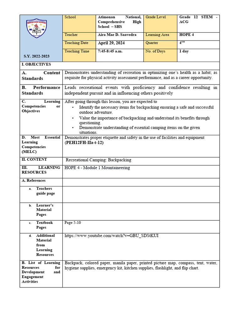 Final Lesson Plan For DEMO BACKPACKING | Download Free PDF | Camping | Tent