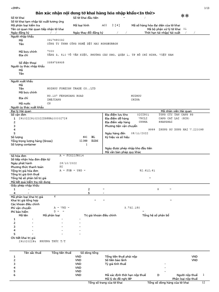 TỜ KHAI HQ NHẬP | PDF