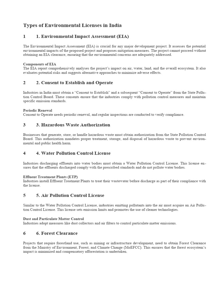 Types of Environmental Licenses in India | Download Free PDF ...