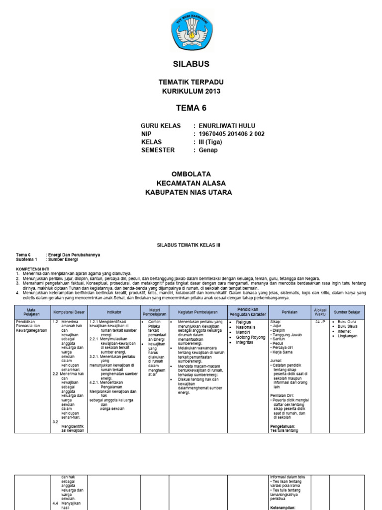 Silabus Kelas 3 Tema 6 - 9 Komponen | PDF