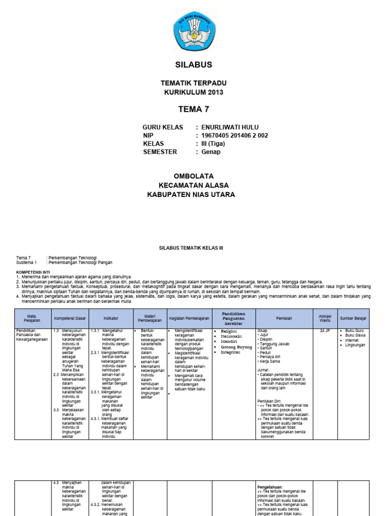 Silabus Kelas 3 Tema 7 - 9 Komponen | PDF