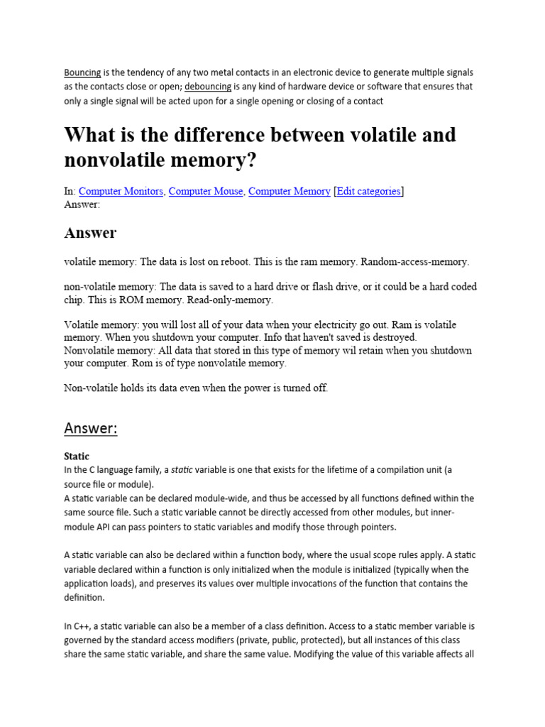 Q And A Volatile And Nonvolatile Pdf Computer Memory Variable Computer Science