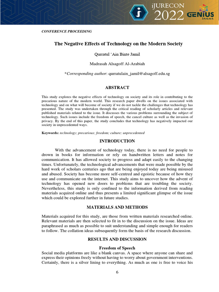 The Negative Efects of Technology On The Modern Society | PDF | Social ...