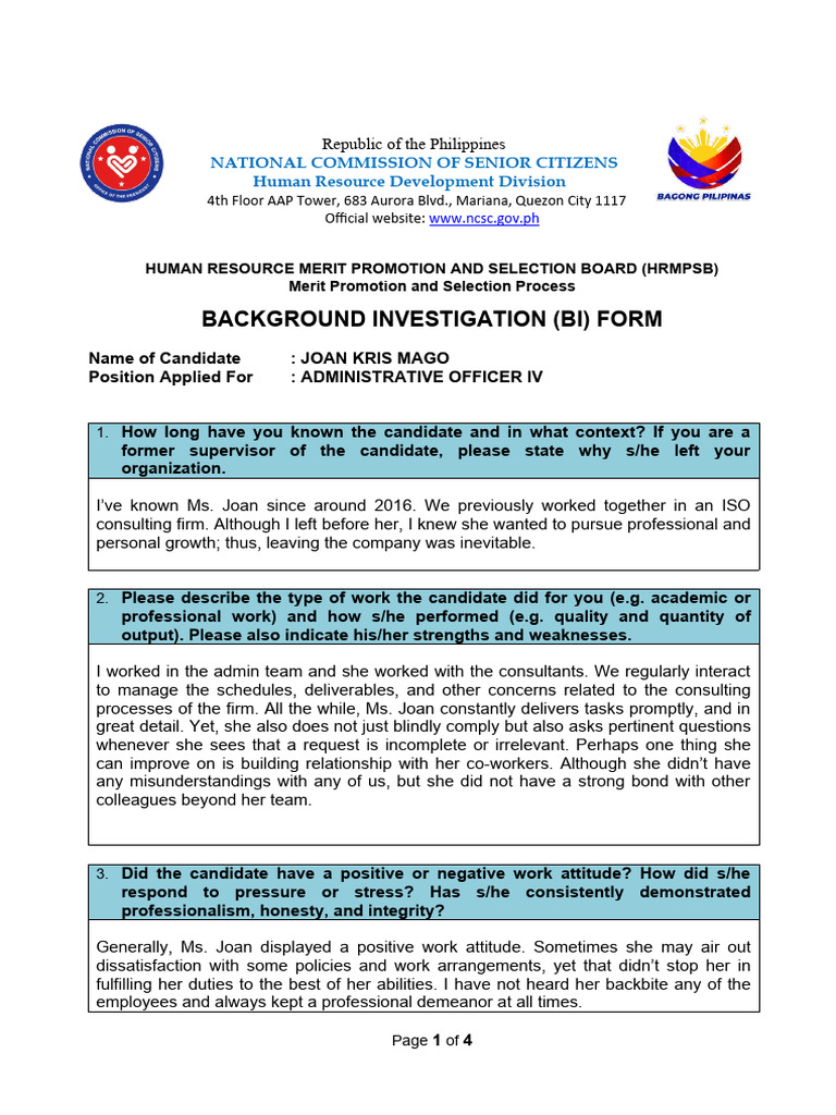 NCSC - Background Investigation Form | PDF | Evidence | Social Media