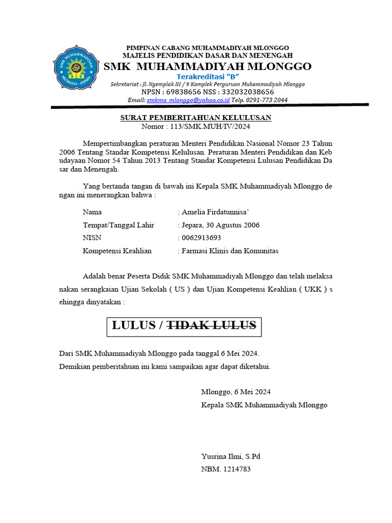 Surat Kelulusan SMK Muhammadiyah Mlonggo | PDF