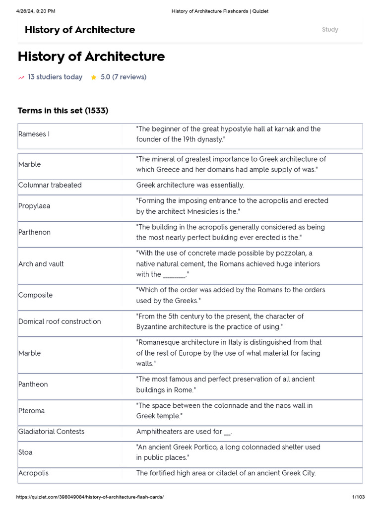 History of Architecture Flashcards - Quizlet | PDF | Column | Mosque