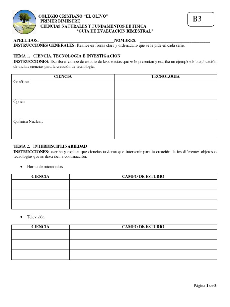 Guia de Evaluacion B3 FIFU Primer Bimestre | PDF | Science | Investigación