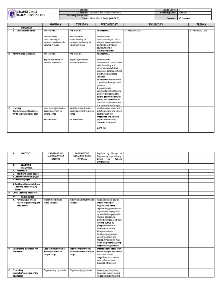 Grade 5 DLL MAPEH 5 Q4 Week 7 | PDF