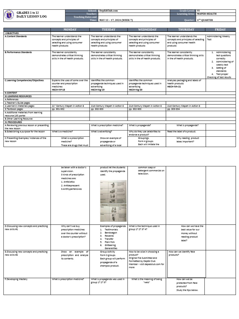 DLL - Mapeh 6 - Q4 - W7 | PDF | Critical Thinking | Learning