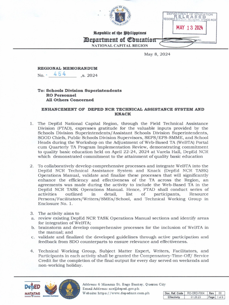 RM No. 454, s. 2024_Enhancement of DepEd NCR Technical Assistanfe System and KNACK | PDF