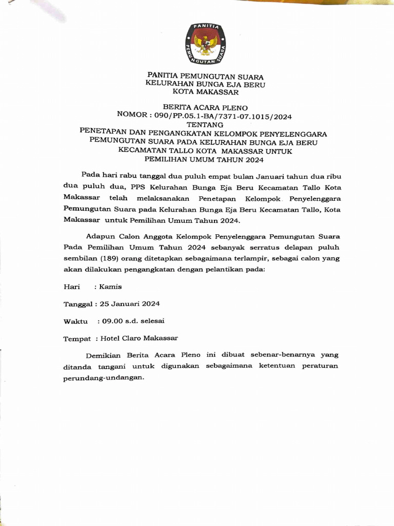 CONTOH FORMAT BA Penetapan KPPS Oleh PPS | PDF