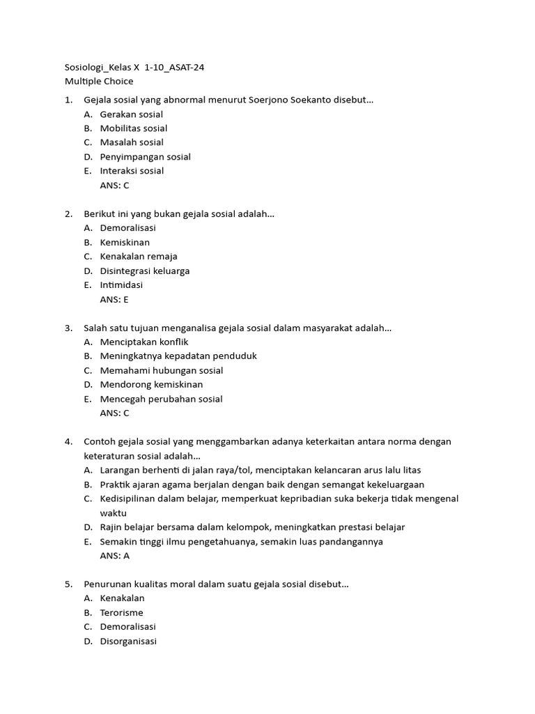 Soal ASAT Sosiologi Kelas X 2024 | PDF | Ilmu Sosial