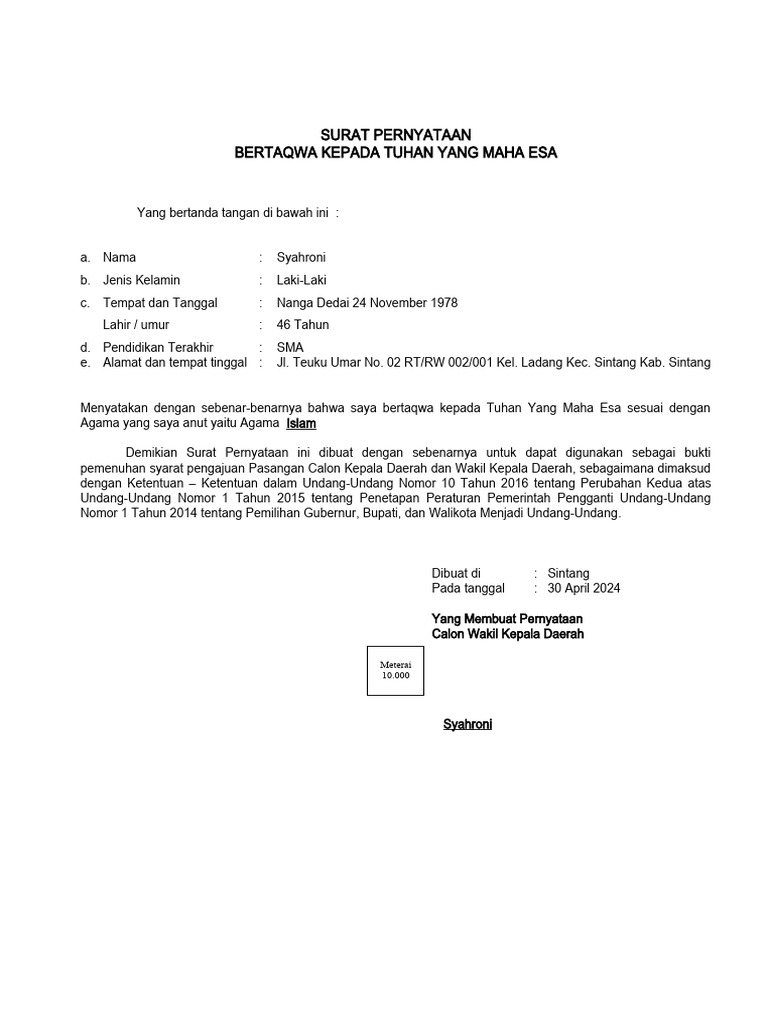 Form Rekrutmen Balon KADA 2024 Pernyataan | PDF