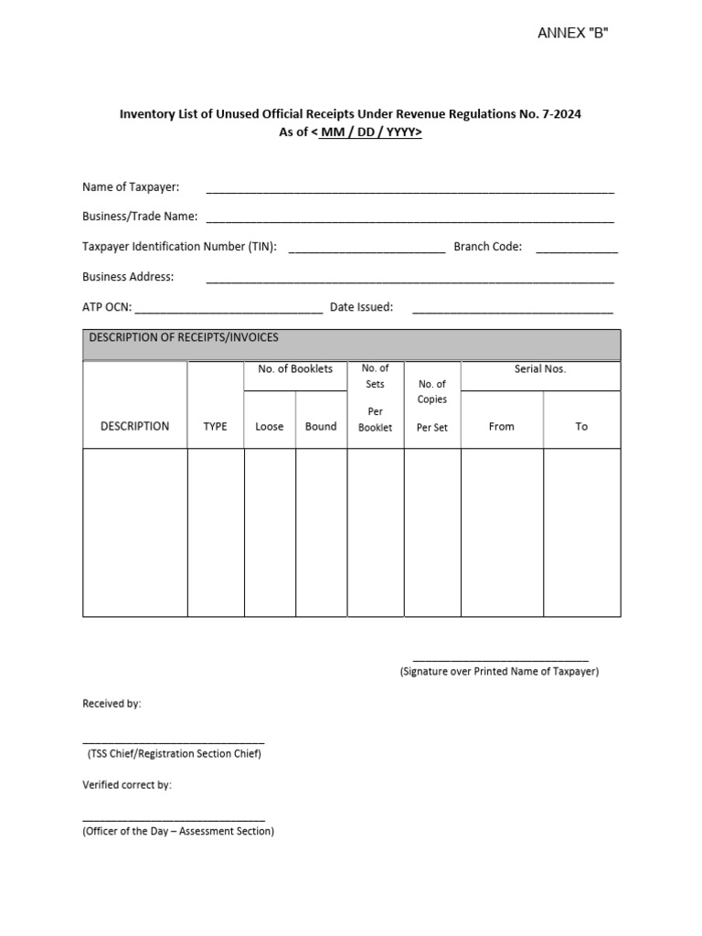 Annex B - Inventory of Unused OR | PDF