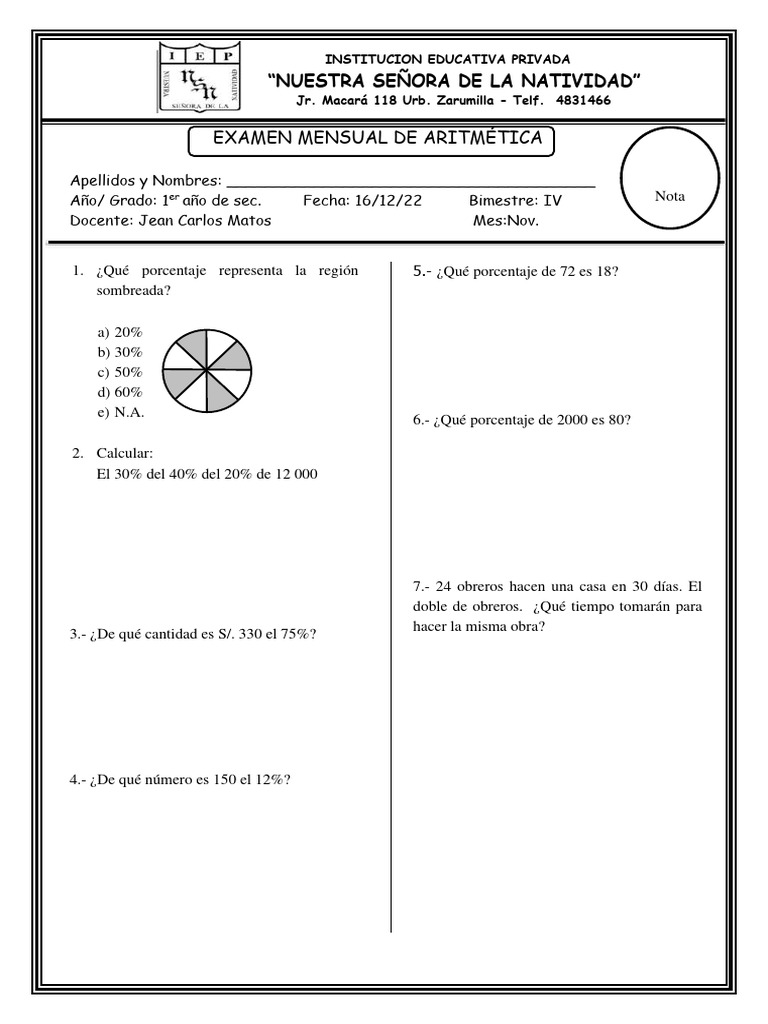 Examenes Aritmetica RM NOV | PDF | Porcentaje