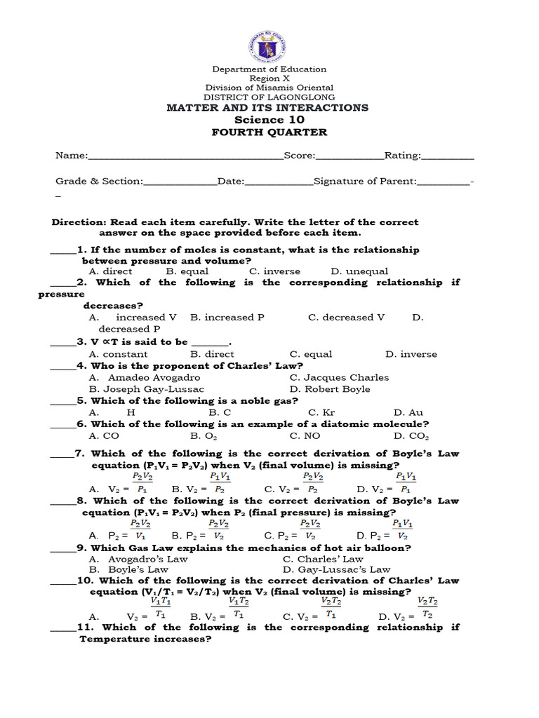 Final - TQ - SCIENCE 10 - 4THQ - Long | PDF | Gases | Temperature