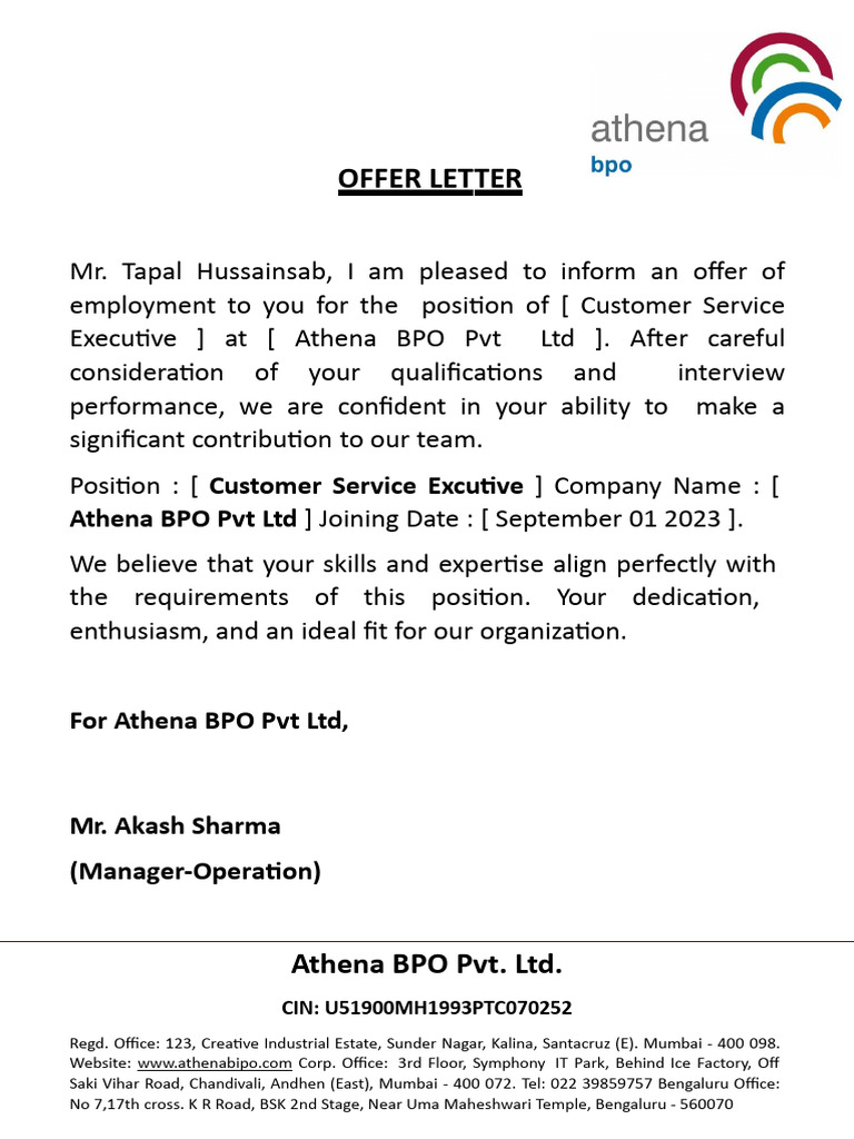 Athena Company Offer Letter | PDF