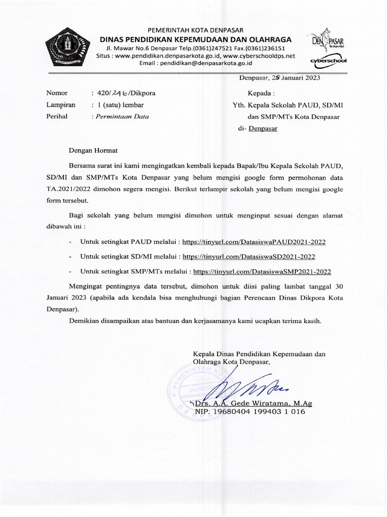 Permintaan Data PAUD, SD Dan SMP | PDF